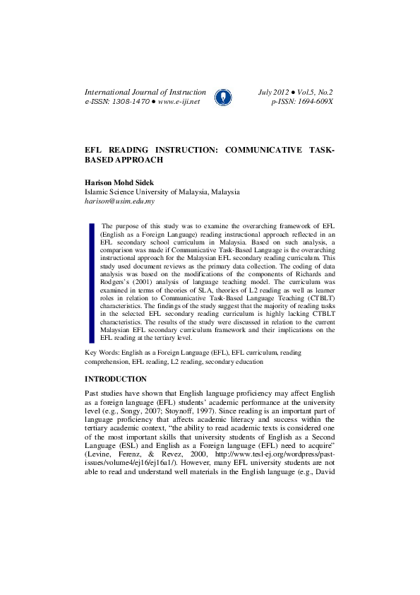 (PDF) EFL Reading Instruction: Communicative Task-Based Approach
