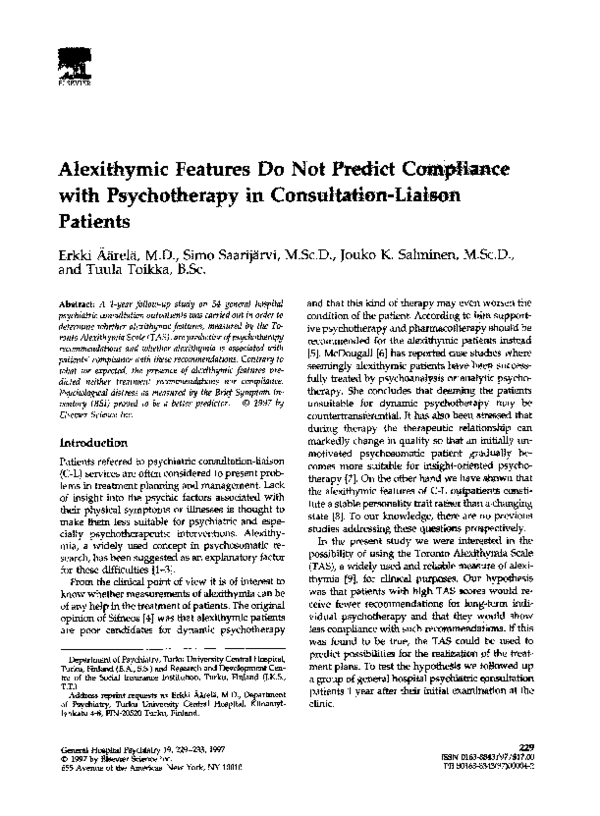 (PDF) Alexithymic features do not predict compliance with psychotherapy ...