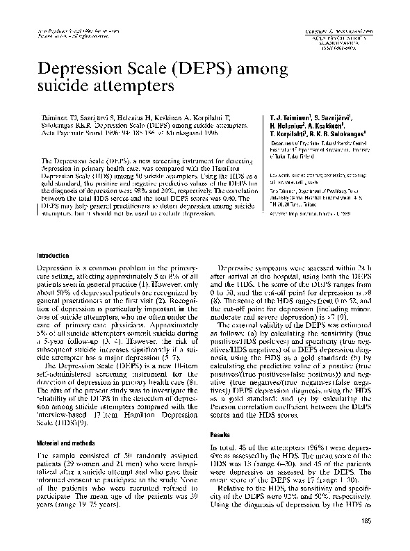(PDF) Depression Scale (DEPS) among suicide attempters