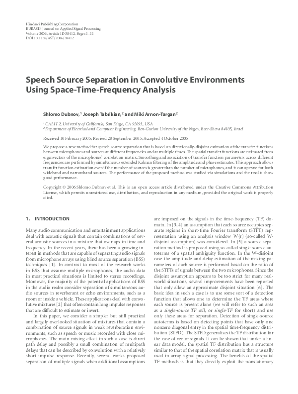 Pdf Speech Source Separation In Convolutive Environments Using Space Time Frequency Analysis