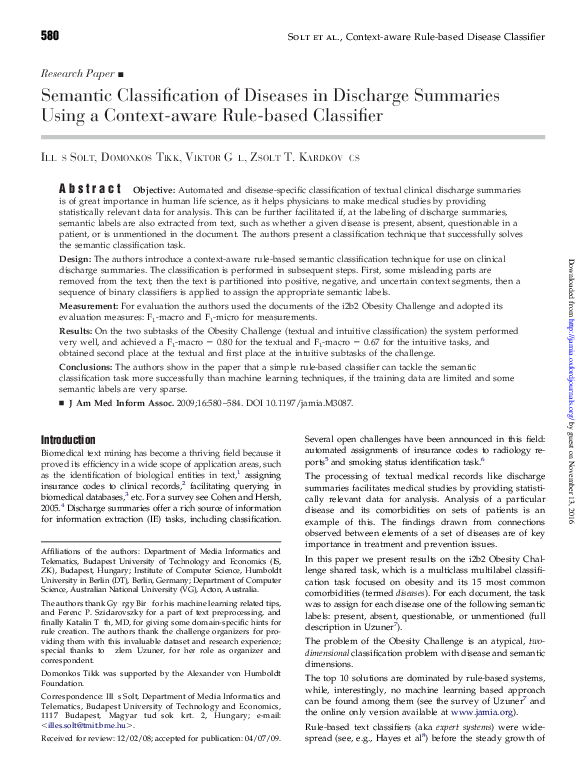 Pdf Semantic Classification Of Diseases In Discharge Summaries Using A Context Aware Rule 