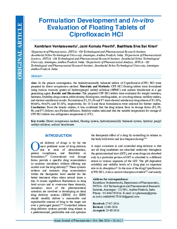 Pdf Formulation Development And In Vitro Evaluation Of Floating Tablets Of Ciprofloxacin Hcl