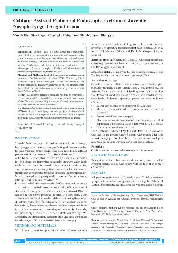 Coblator Assisted Endonasal Endoscopic Excision of Juvenile ...