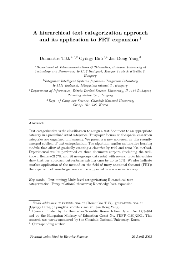 Pdf A Hierarchical Text Categorization Approach And Its Application To Frt Expansion 1