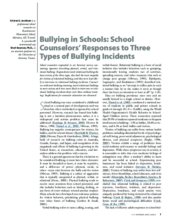 (PDF) Bullying in schools: School counselors' responses to three types ...