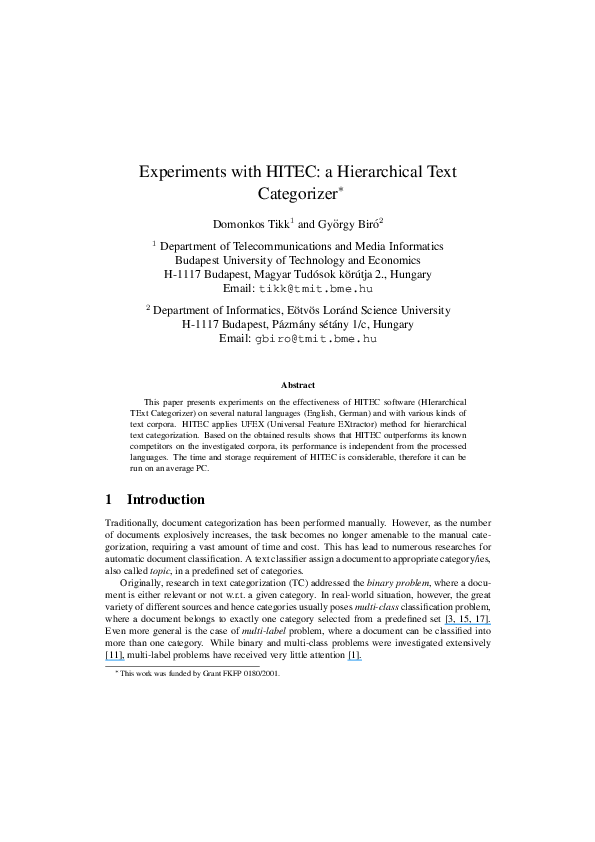 (PDF) Experiments with a Hierarchical Text Categorization Method on {WIPO} Patent Collections