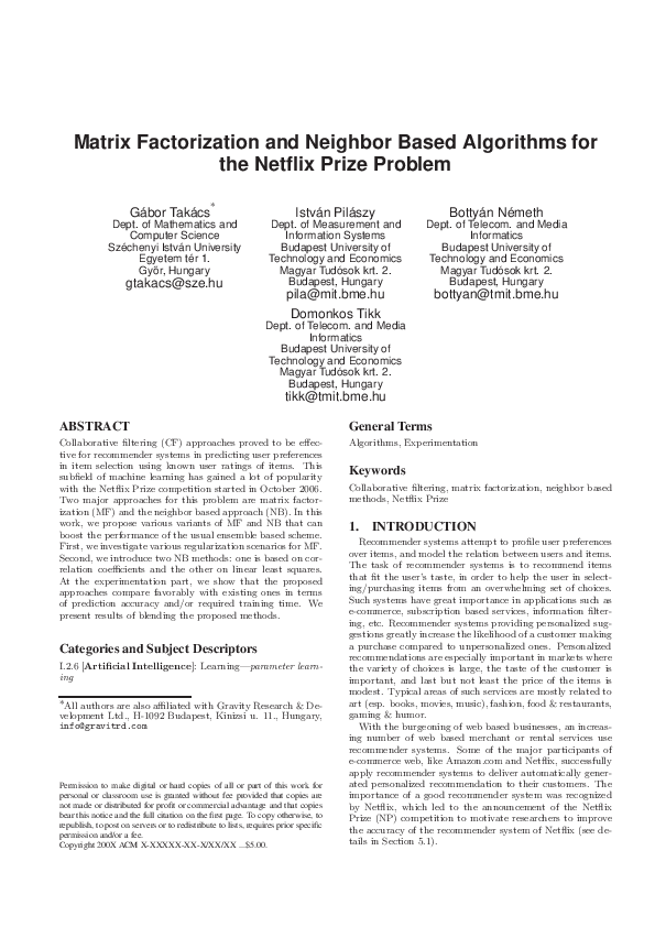 Pdf Matrix Factorization And Neighbor Based Algorithms For The