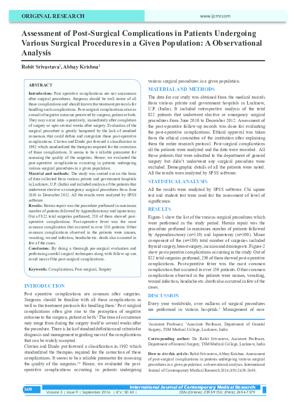 (PDF) Assessment of Post-Surgical Complications in Patients Undergoing ...