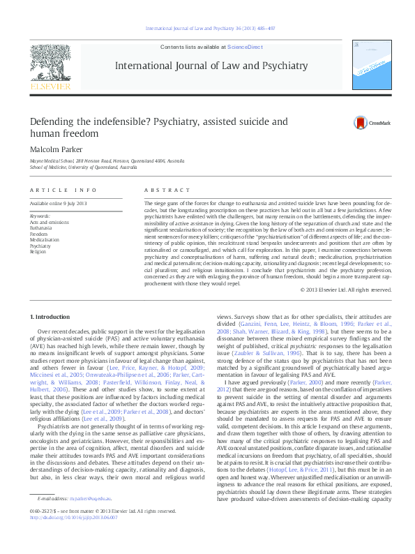 (PDF) Defending the indefensible? Psychiatry, assisted suicide and ...