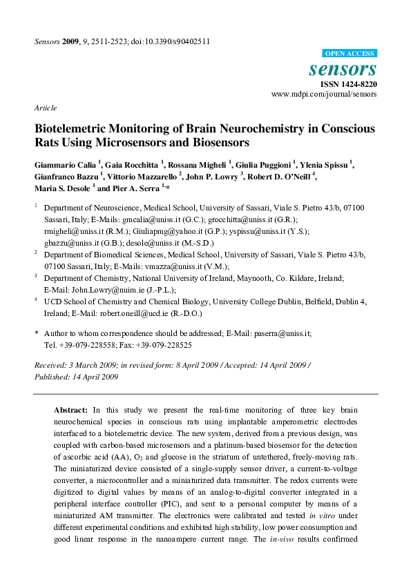 (PDF) Biotelemetric Monitoring of Brain Neurochemistry in ConsciousRats Using Microsensors and ...