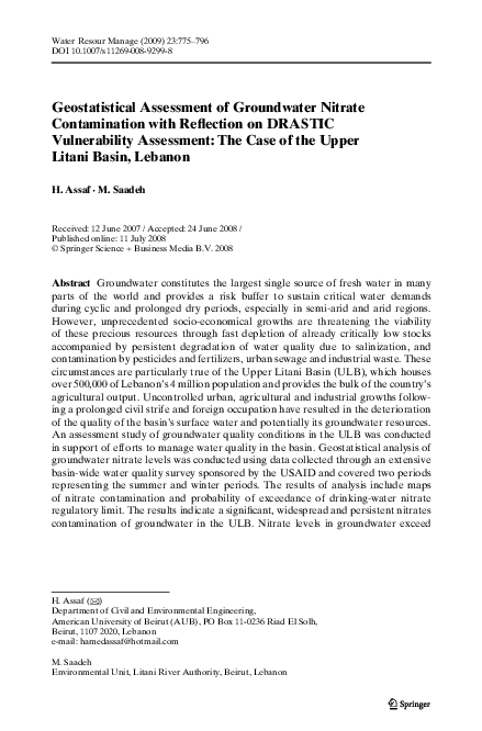 Pdf Geostatistical Assessment Of Groundwater Nitrate Contamination With Reflection On Drastic
