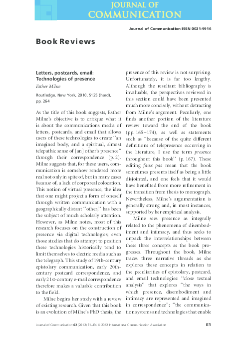 (PDF) Letters, postcards, and email: technologies of presence