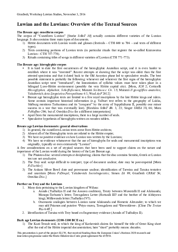 (PDF) (Handout) Luwian and the Luwians: Overview of the Textual Sources