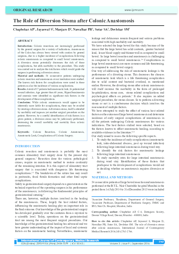 (PDF) The Role of Diversion Stoma after Colonic Anastomosis