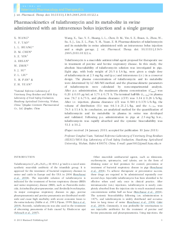 (PDF) Pharmacokinetics of tulathromycin and its metabolite in swine ...
