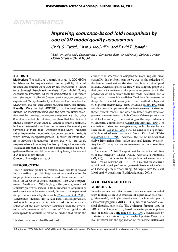 Pdf Improving Sequence Based Fold Recognition By Using 3d Model Quality Assessment
