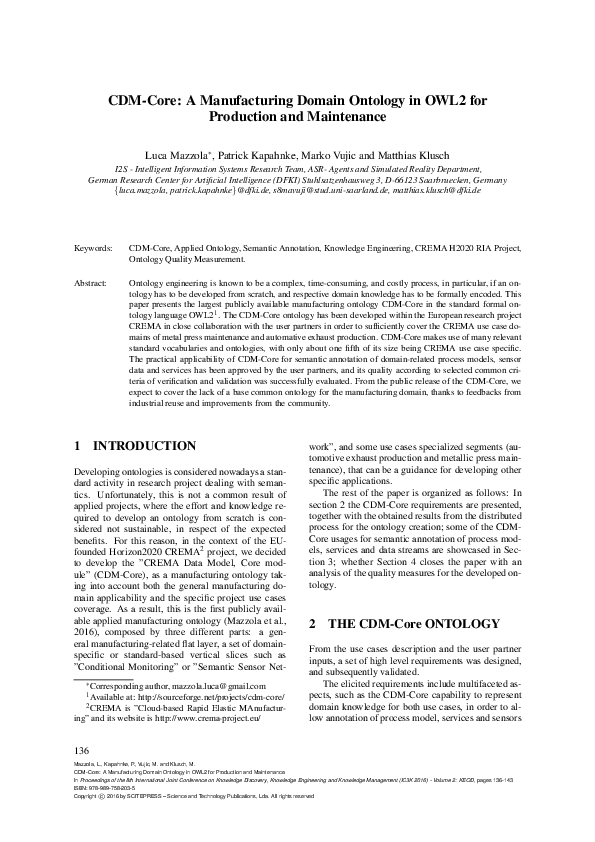 (PDF) CDM-Core: A Manufacturing Domain Ontology in OWL2 for Production and Maintenance