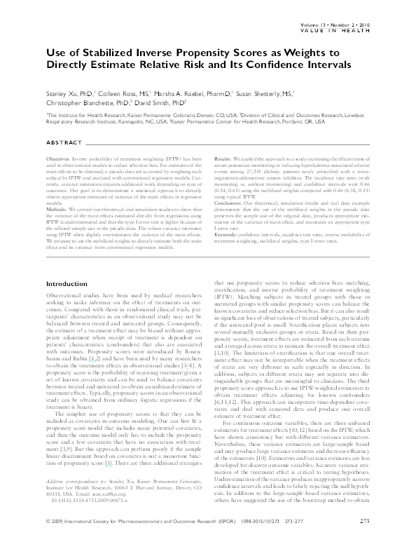 (PDF) Use of Stabilized Inverse Propensity Scores as Weights to ...