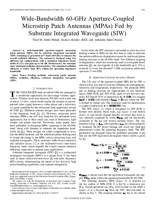 (PDF) Wide-bandwidth 60-GHz aperture-coupled microstrip patch antennas (MPAs) fed by substrate ...