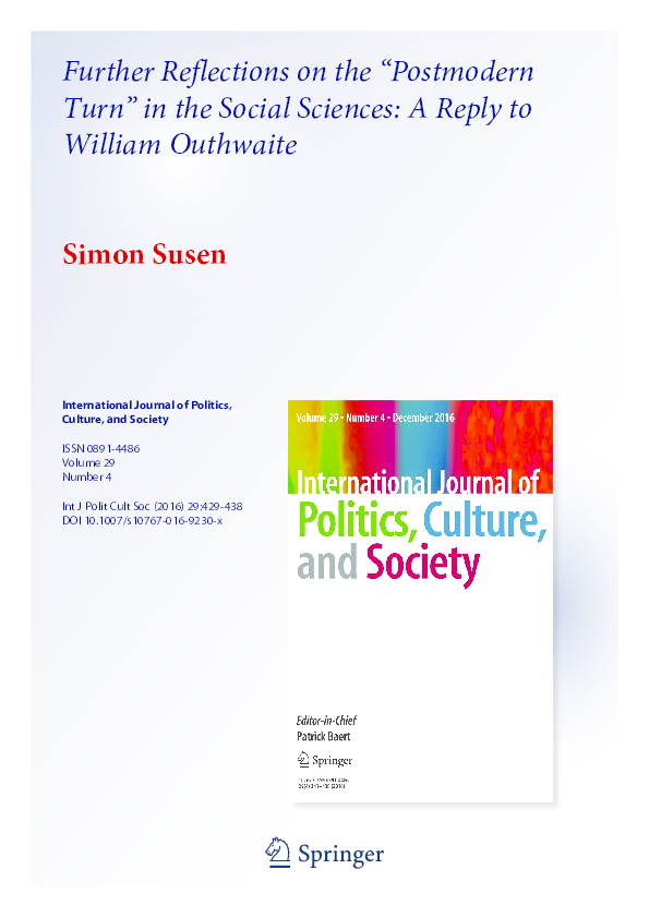 (PDF) Simon Susen (2016) ‘Further Reflections on the “Postmodern Turn ...