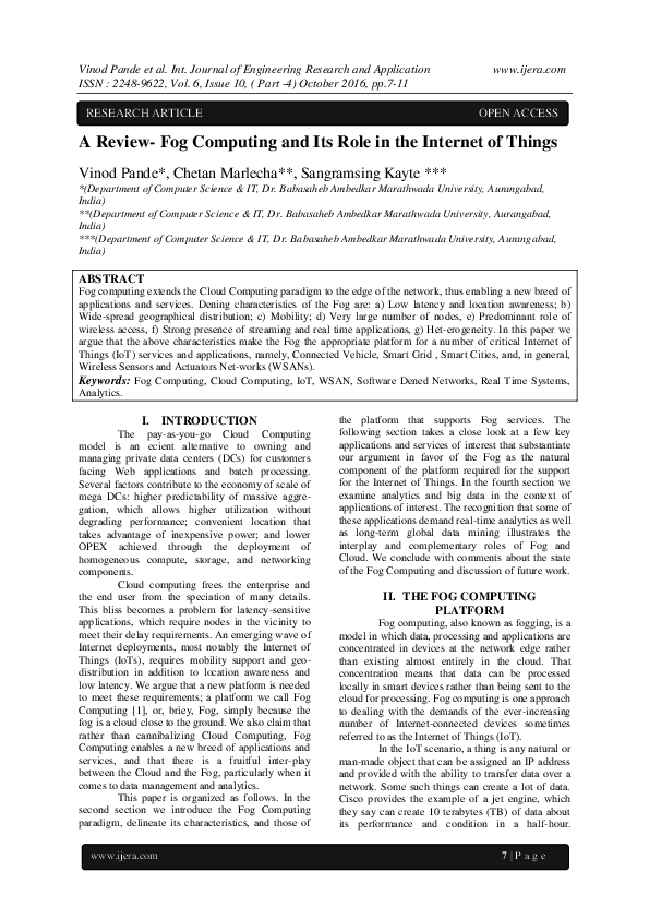 Pdf A Review Fog Computing And Its Role In The Internet Of Things