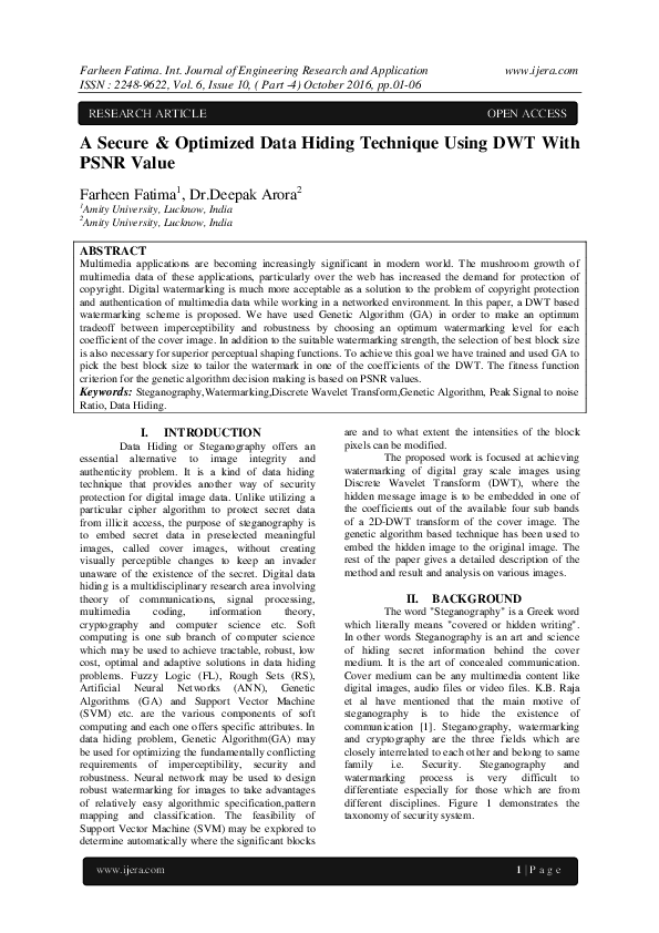 Pdf A Secure And Optimized Data Hiding Technique Using Dwt With Psnr Value 3309
