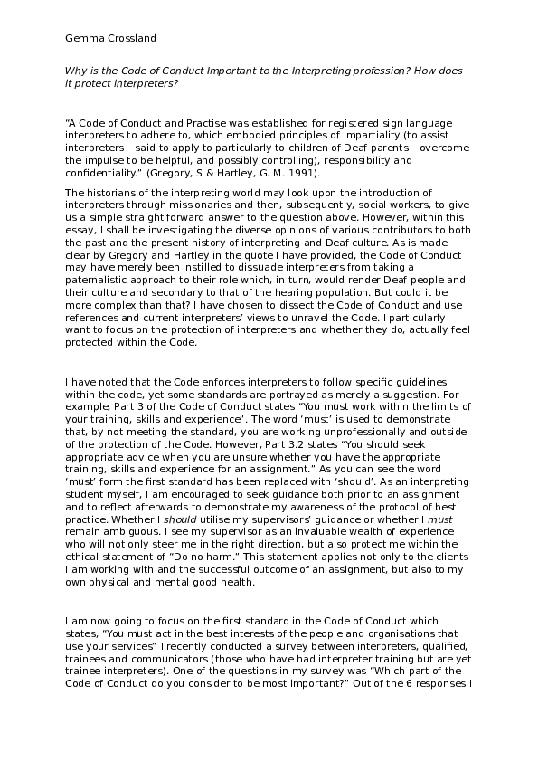 (DOC) Why is the Code of Conduct Important to the Interpreting profession?