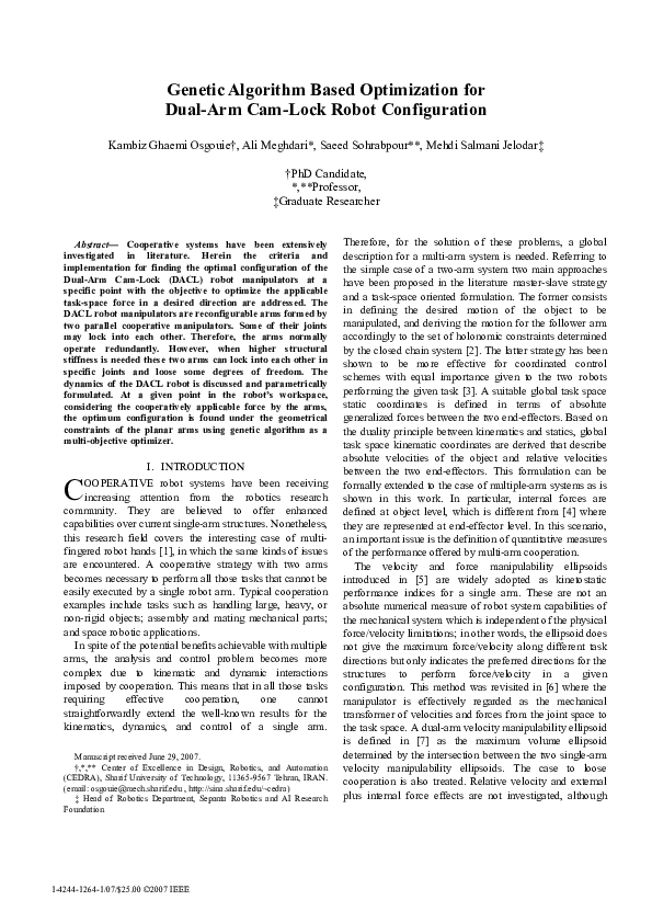 (PDF) Genetic algorithm based optimization for Dual-Arm Cam-Lock robot configuration