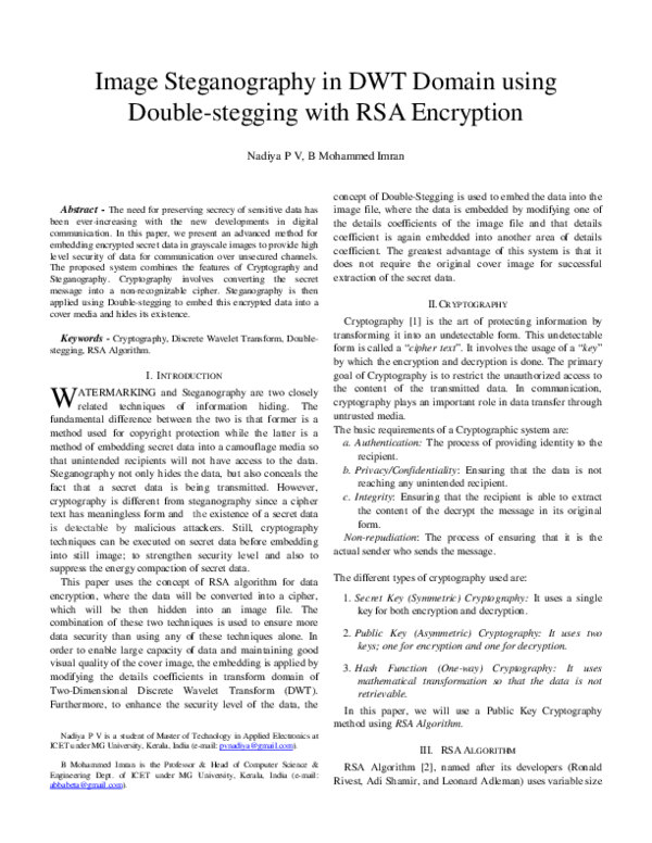 Pdf Image Steganography In Dwt Domain Using Double Stegging With Rsa Encryption