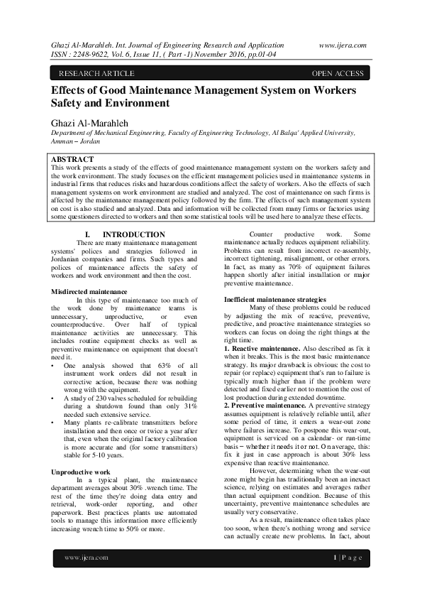 (PDF) Effects of Good Maintenance Management System on Workers Safety ...