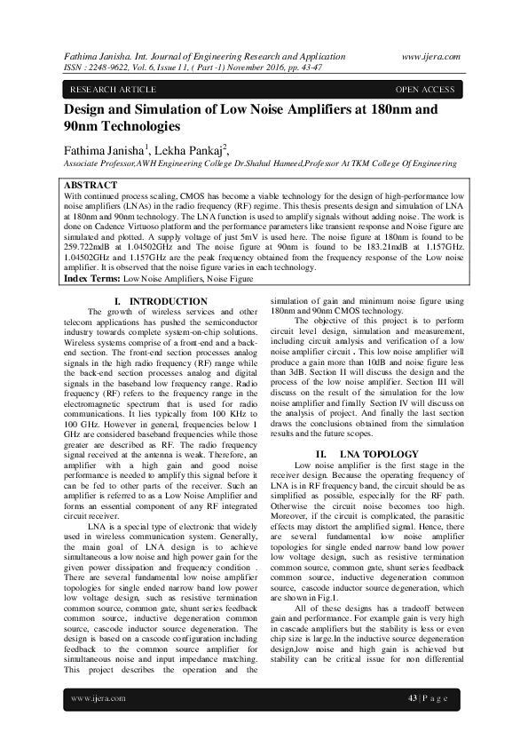 (PDF) Design and Simulation of Low Noise Amplifiers at 180nm and 90nm Technologies