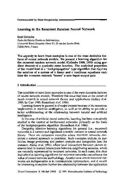 Pdf Learning In The Recurrent Random Neural Network