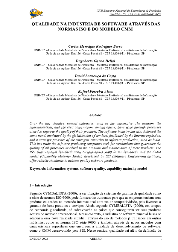 (PDF) Qualidade Na Indústria De Software Através Das Normas Iso e Do Modelo CMM