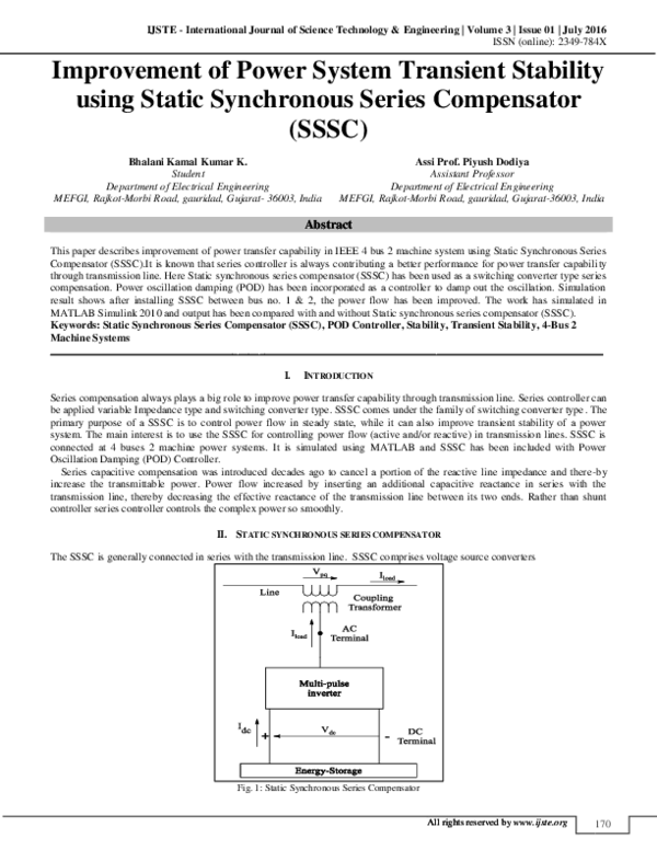(PDF) Improvement of Power System Transient Stability using Static Synchronous Series ...