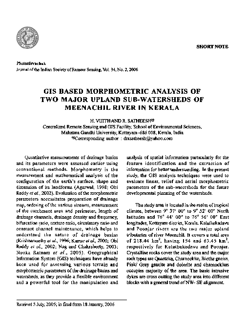 Pdf Gis Based Morphometric Analysis Of Two Major Upland Sub Watersheds Of Meenachil River In