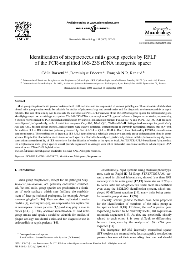 (PDF) Identification of streptococcus mitis group species by RFLP of ...