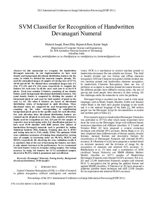 Pdf Svm Classifier For Recognition Of Handwritten Devanagari Numeral