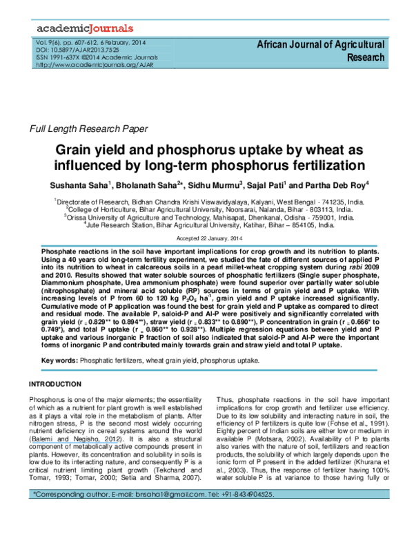 (PDF) Grain yield and phosphorus uptake by wheat as influenced by long-term phosphorus fertilization