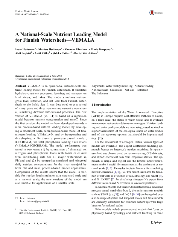 (PDF) A National-Scale Nutrient Loading Model for Finnish Watersheds—VEMALA