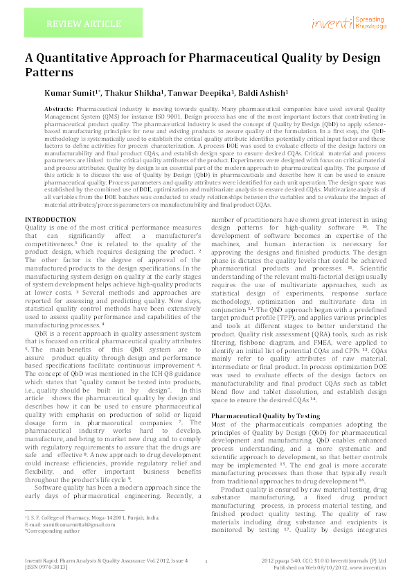 (PDF) A QUANTITATIVE APPROACH FOR PHARMACEUTICAL QUALITY BY DESIGN PATTERNS