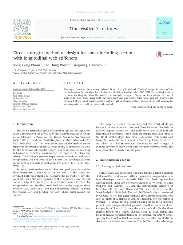 (PDF) Direct strength method of design for shear including sections ...