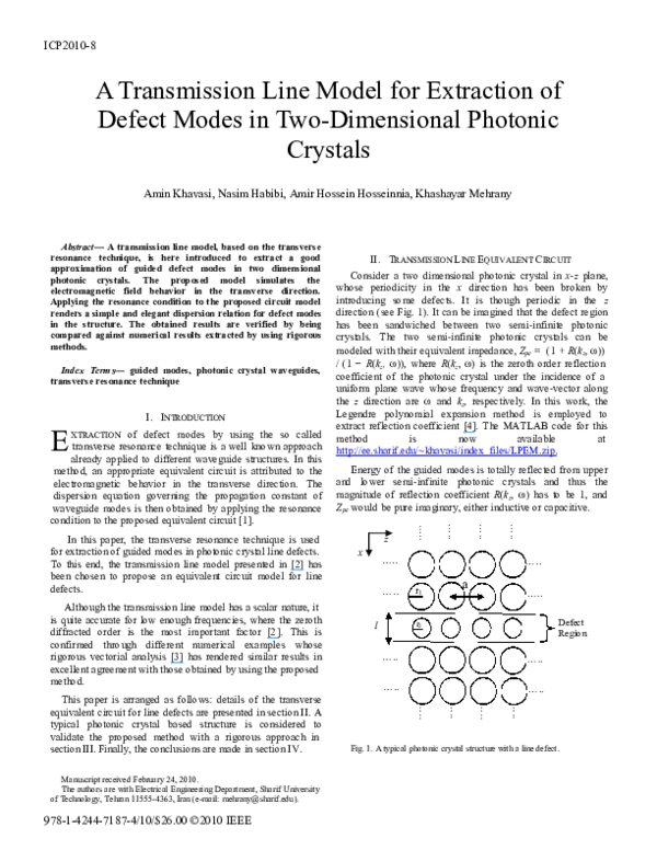 (PDF) A transmission line model for extraction of defect modes in two-dimensional photonic crystals