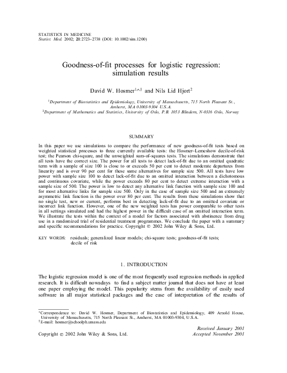 Pdf Goodness‐of‐fit Processes For Logistic Regression Simulation Results