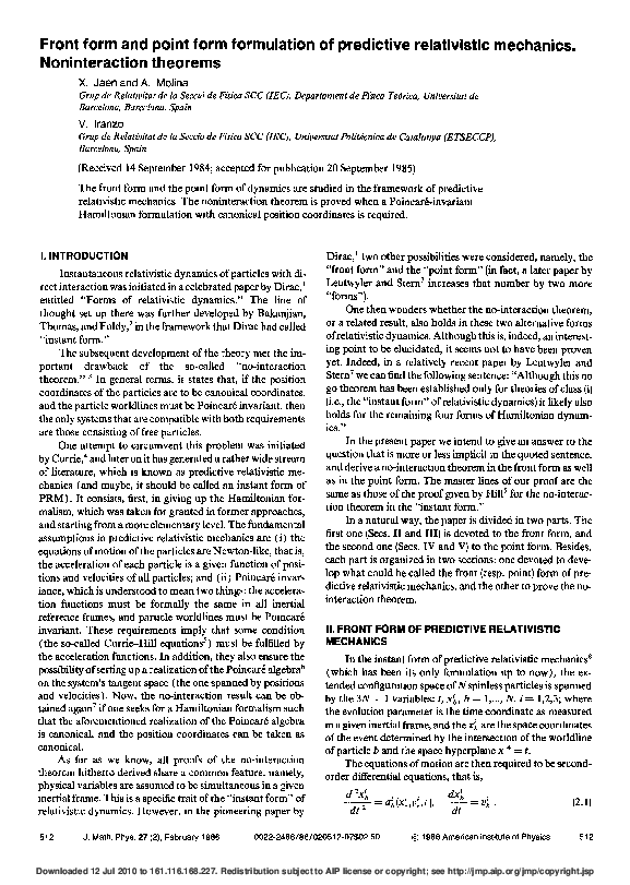 (PDF) Front form and point form formulation of predictive relativistic ...