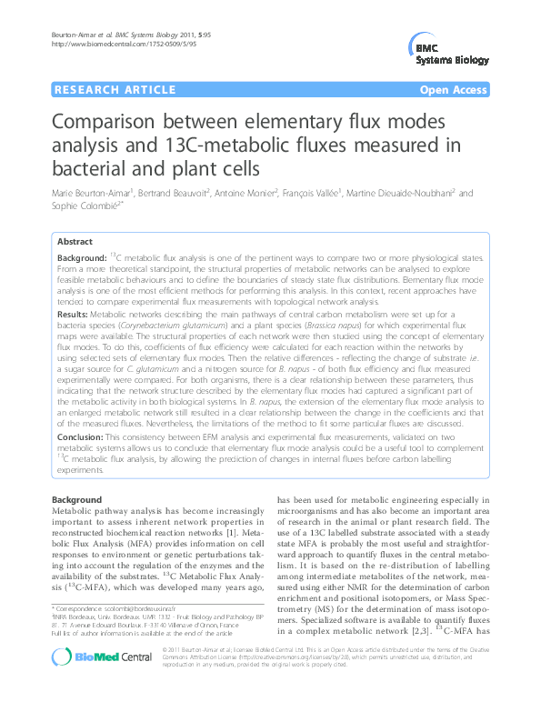 (PDF) Comparison between elementary flux modes analysis and 13C-metabolic fluxes measured in ...