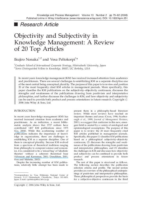 (PDF) Objectivity and subjectivity in knowledge management: a review of ...