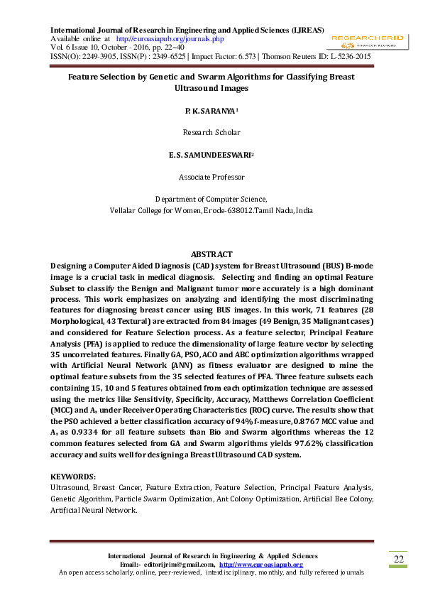 Pdf Feature Selection By Genetic And Swarm Algorithms For Classifying Breast Ultrasound Images