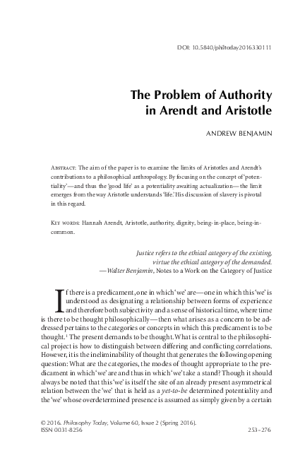(PDF) The Problem of Authority in Arendt and Aristotle