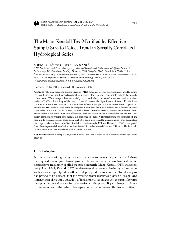 Pdf The Mann Kendall Test Modified By Effective Sample Size To Detect Trend In Serially