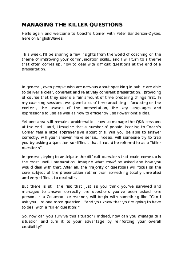 (DOC) MANAGING THE KILLER QUESTIONS